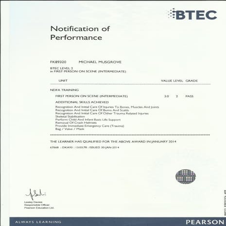 IHCD FPOS(I) BTEC Level 2 Learning outcomes | PDF