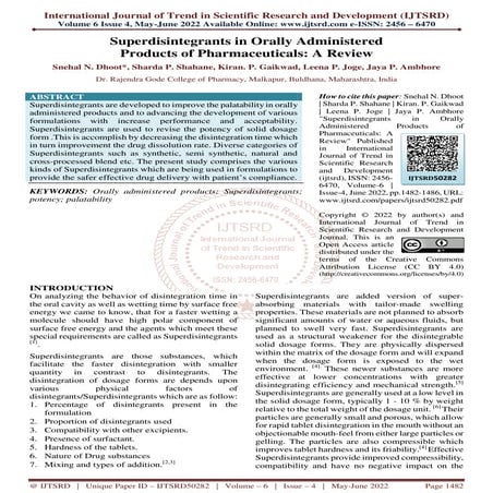 Superdisintegrants in Orally Administered Products of Pharmaceuticals A ...