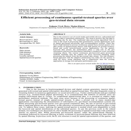 Efficient Processing Of Continuous Spatial Textual Queries Over Geo Textual Data Stream Pdf