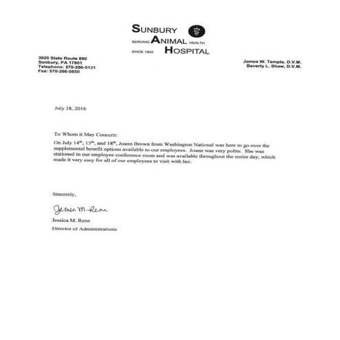 Sunbury Animal Hospital Recommendation Letter | DOCX