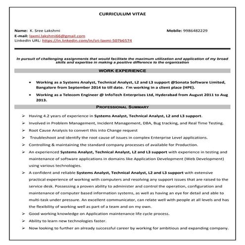 Resume of Sree Lakshmi | DOC