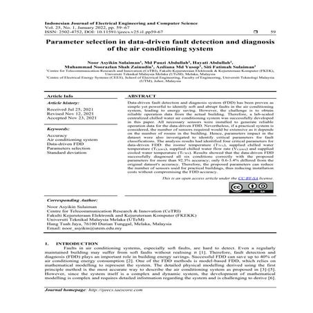 Parameter Selection In Data Driven Fault Detection And Diagnosis Of The Air Conditioning System
