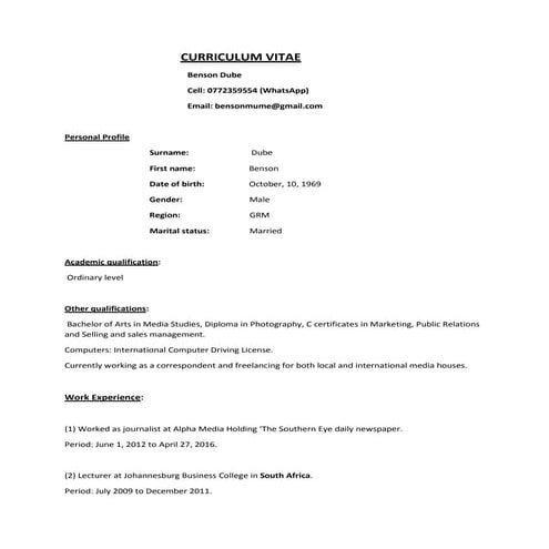 CV for Benson Dube(1)(1) | PDF