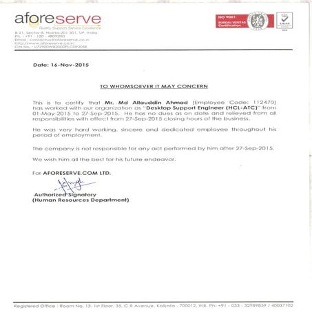 Releaving Letter Aforeserve | PDF