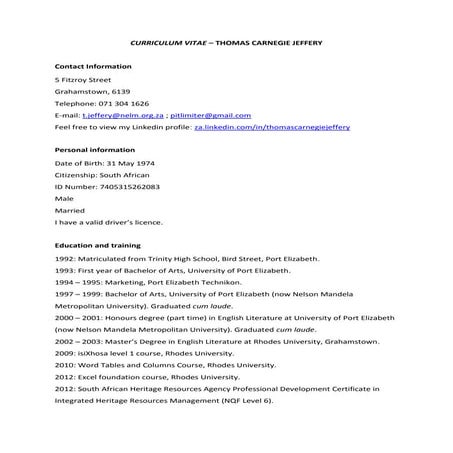 Curriculum Vitae - Thomas Carnegie Jeffery | PDF