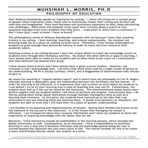 Dr. Muhsinah L Morris Teaching Philosophy Concise Version 2015 | PDF