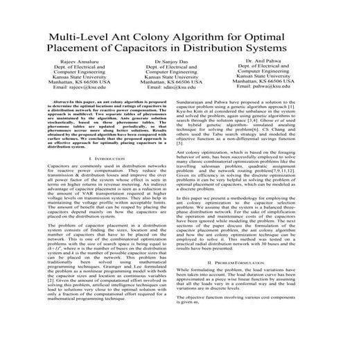 Multi Level Ant Colony Algorithm For Optimal Placement Of Capacitors On