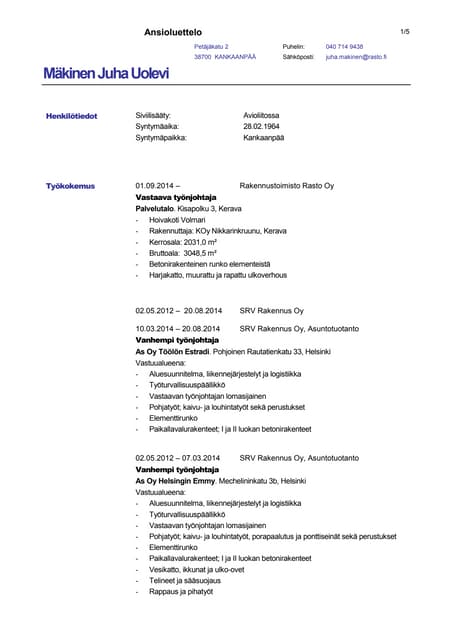 Ansioluettelo Ensio Suopanki.pdf English Russian FINNISH German | PDF