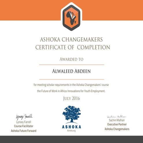 Ashoka Changemaker Scholar Certificate | PPT