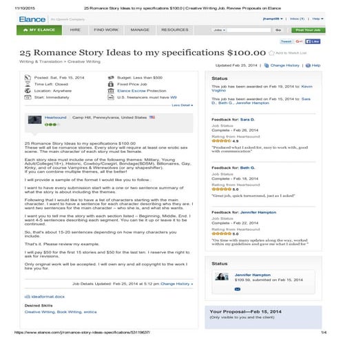 25 romance story ideas to my specifications $100.0 creative writing job | PDF