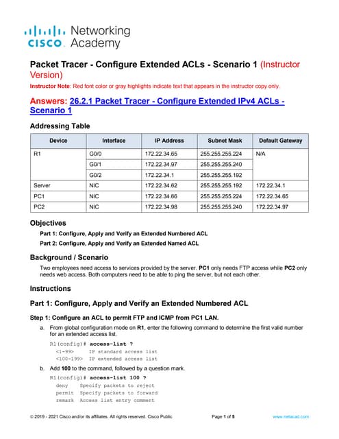 4.1.1.10 Packet Tracer - Configuring Extended ACLs Scenario 1 Instructor (1).pdf | Computer ...