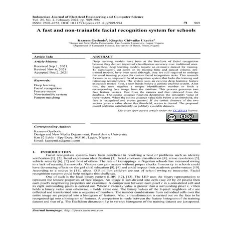 A Fast And Non Trainable Facial Recognition System For Schools Pdf