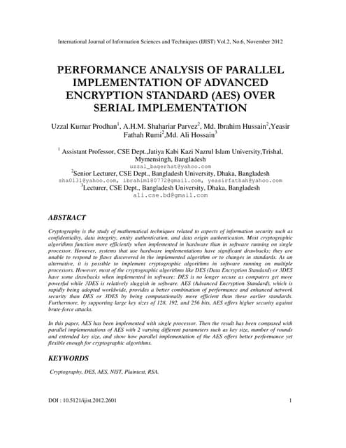 Performance Analysis Of Parallel Implementation Of Advanced Encryption Standard Aes Over