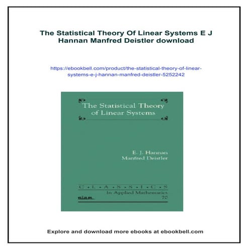 The Statistical Theory Of Linear Systems E J Hannan Manfred Deistler | PDF