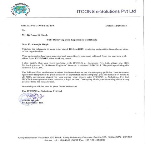 Relieving letter ITCONS | PDF