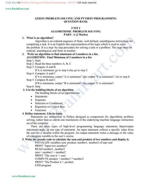 265 Ge8151 Problem Solving And Python Programming 2 Marks With Answers Pdf 9096