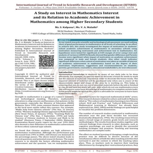 A Study on Interest in Mathematics Interest and its Relation to ...