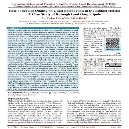 Role of Service Quality on Guest Satisfaction in the Budget Hotels A ...
