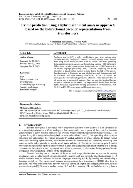 Crime Prediction Using A Hybrid Sentiment Analysis Approach Based On The Bidirectional Encoder