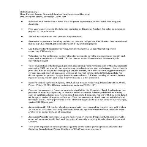 Skill Set Senior Financial Analyst | PDF