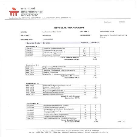 M_ZaidKamil CollegeTranscript | PDF