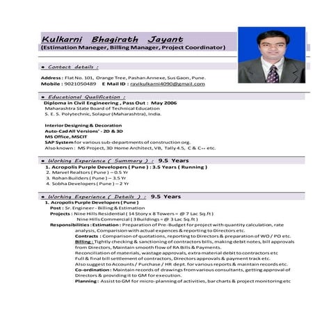 Estimation Manager, Billing Manager, Project Coordinator | DOCX | Civil Engineering Industry ...