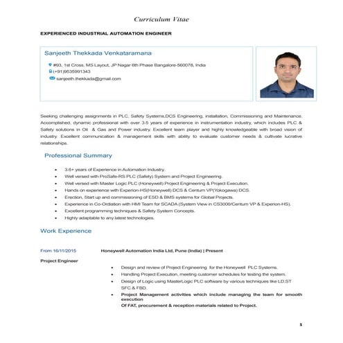 Resume_Sanjeeth_PLC_Safety_DCS_Engg_3.6+yrs | DOC