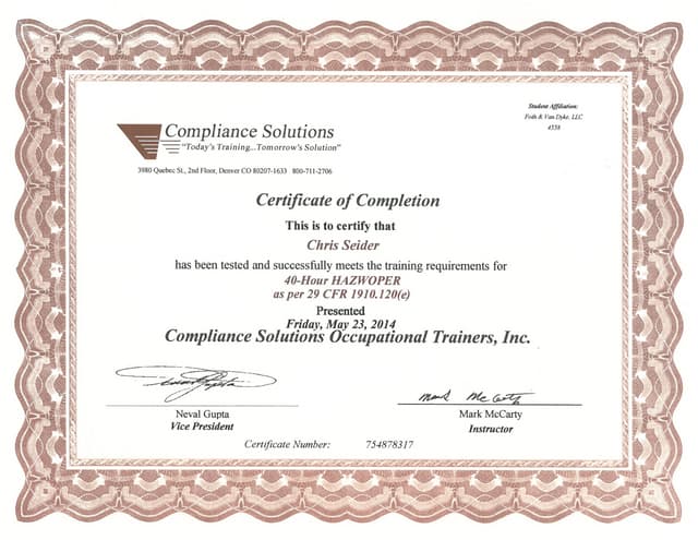 Seider OSHA 500 Certificate | PDF