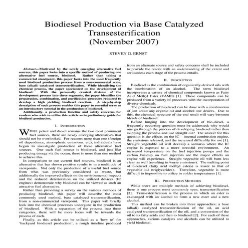 Biodiesel Production via Base Catalyzed Transesterification | PDF
