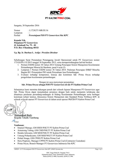 160930 L172 Persetujuan Pjo Pt Geoservices Site Kpc Hses System Pdf