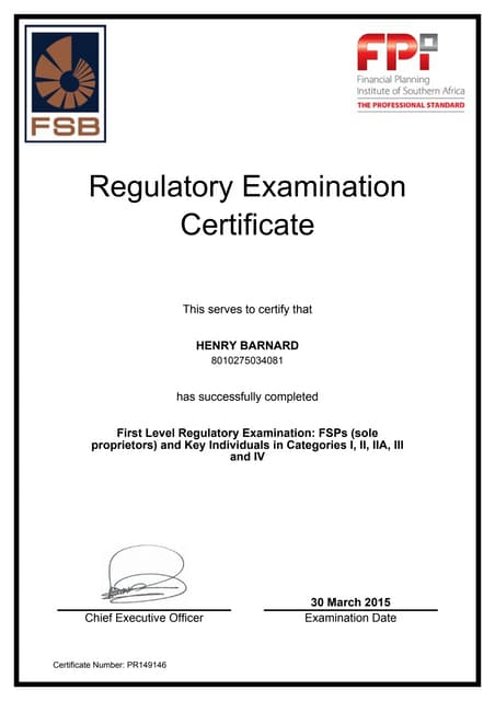 FAIS RE Exam Certificate