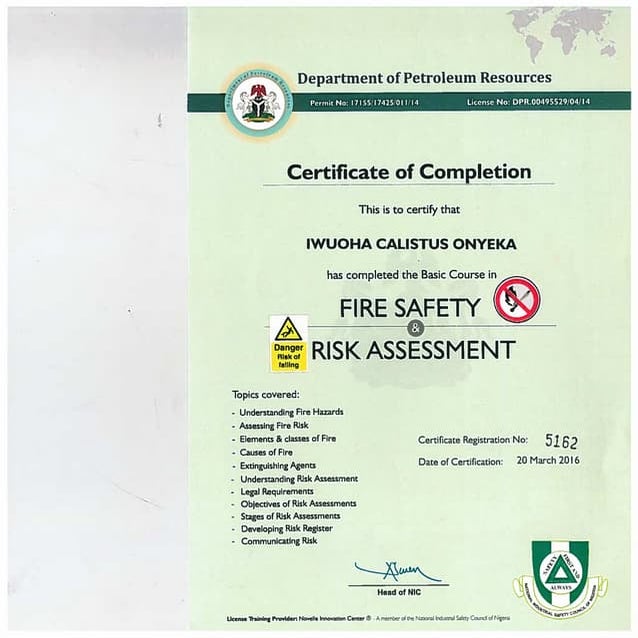 Iwuoha Calistus Onyeka.FIRE SAFETY AND RISK ASSESSMENT CERTIFICATE | PDF