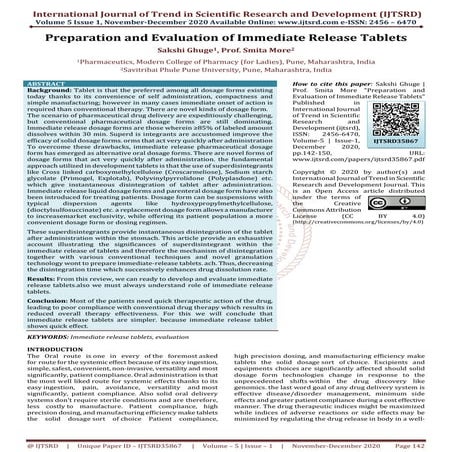 Preparation and Evaluation of Immediate Release Tablets | PDF