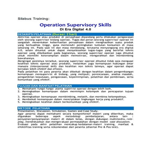 Silabus Training "Operation Supervisory Skills di Era Digital 4.0" | DOCX