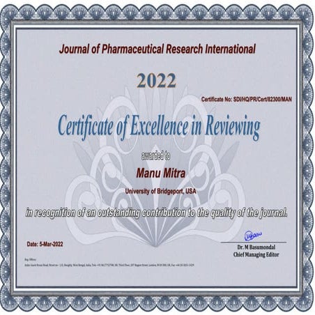 27. Reviewer Certificate in Journal of Pharmaceutical Research [2022] | PPT