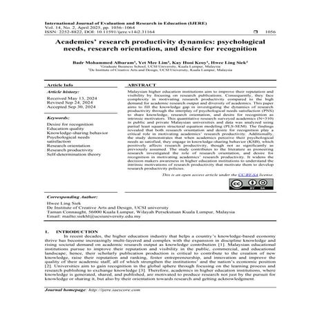 Academics’ research productivity dynamics: psychological needs ...