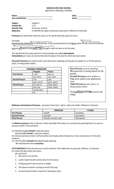 Reflexive and Intensive Pronouns | PPTX