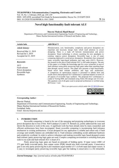 High functionality reversible arithmetic logic unit | PDF