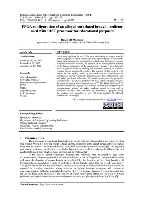 Fpga Configuration Of An Alloyed Correlated Branch Predictor Used With Risc Processor For