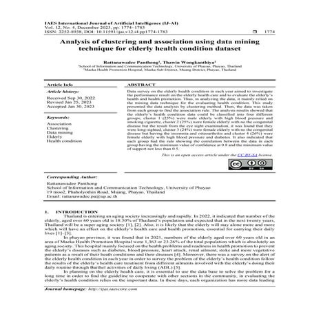 Analysis of clustering and association using data mining technique for elderly health condition ...