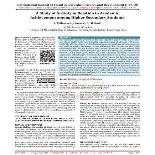 A Study of Anxiety in Relation to Academic Achievement among Higher ...