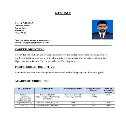 Suryajith resume 1 | PDF