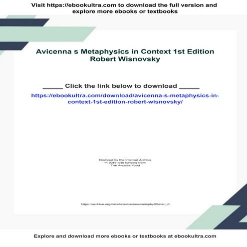 Avicenna s Metaphysics in Context 1st Edition Robert Wisnovsky | PDF