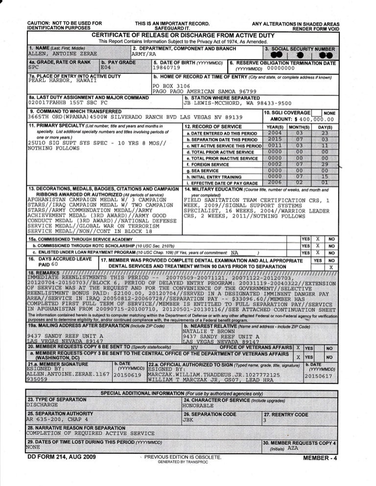 Antoine Allen DD form 214 complete