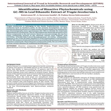 Identification Of Bioactive Phytochemicals Using Gc Ms In Leaf