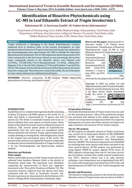 Identification Of Bioactive Phytochemicals Using Gc Ms In Leaf