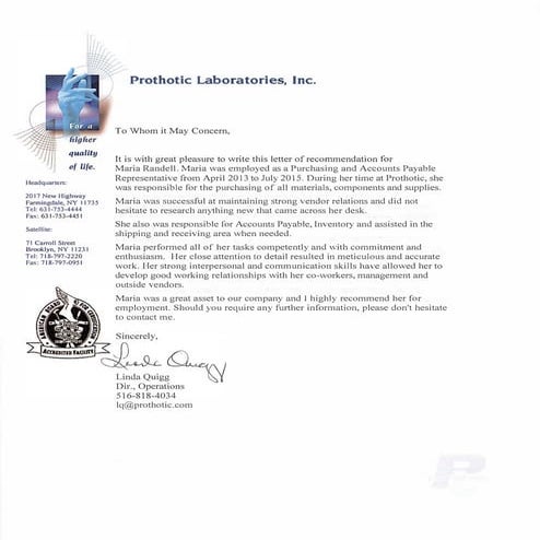 Reference Letter for Maria Randell | PDF