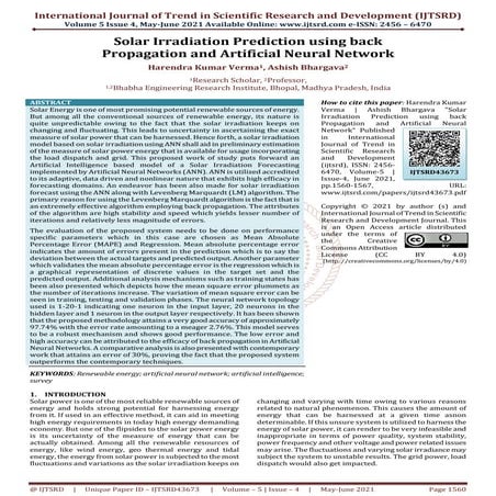 Solar Irradiation Prediction using back Propagation and Artificial Neural Network | PDF