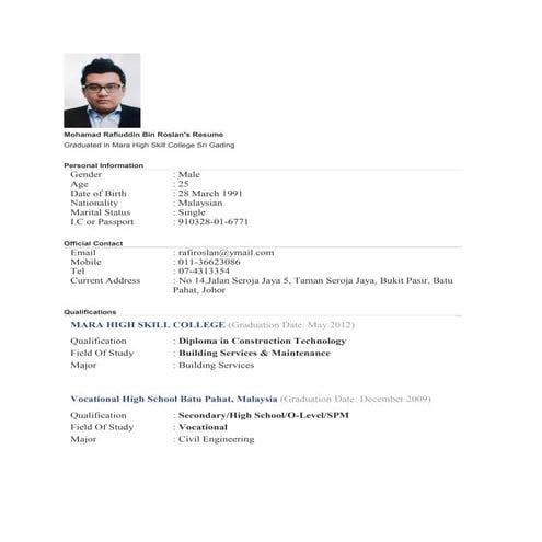 Resume Mohamad Rafiuddin Bin Roslan | PDF