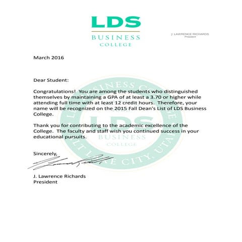 New Deans List Letter | PDF